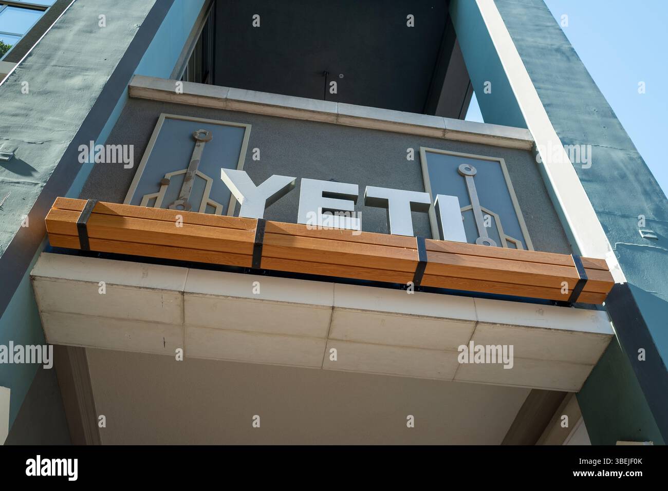 Signage of YETI over entrance in a modern building, Santana Row, San ...