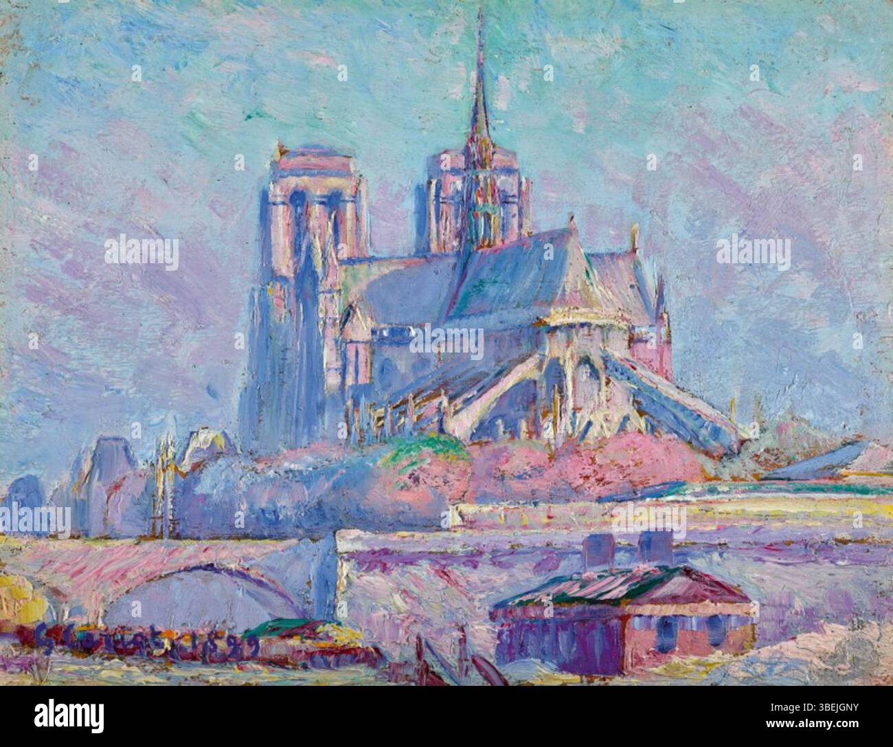 Gustave Cariot's 1899 painting 'Étude de Notre Dame prise du Port aux Vins' depicts a detailed ...