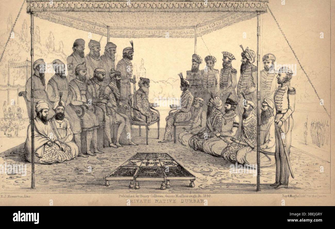 This 1840 engraving titled 'Durbar (in camp)' depicts Maharaja Ranjit ...