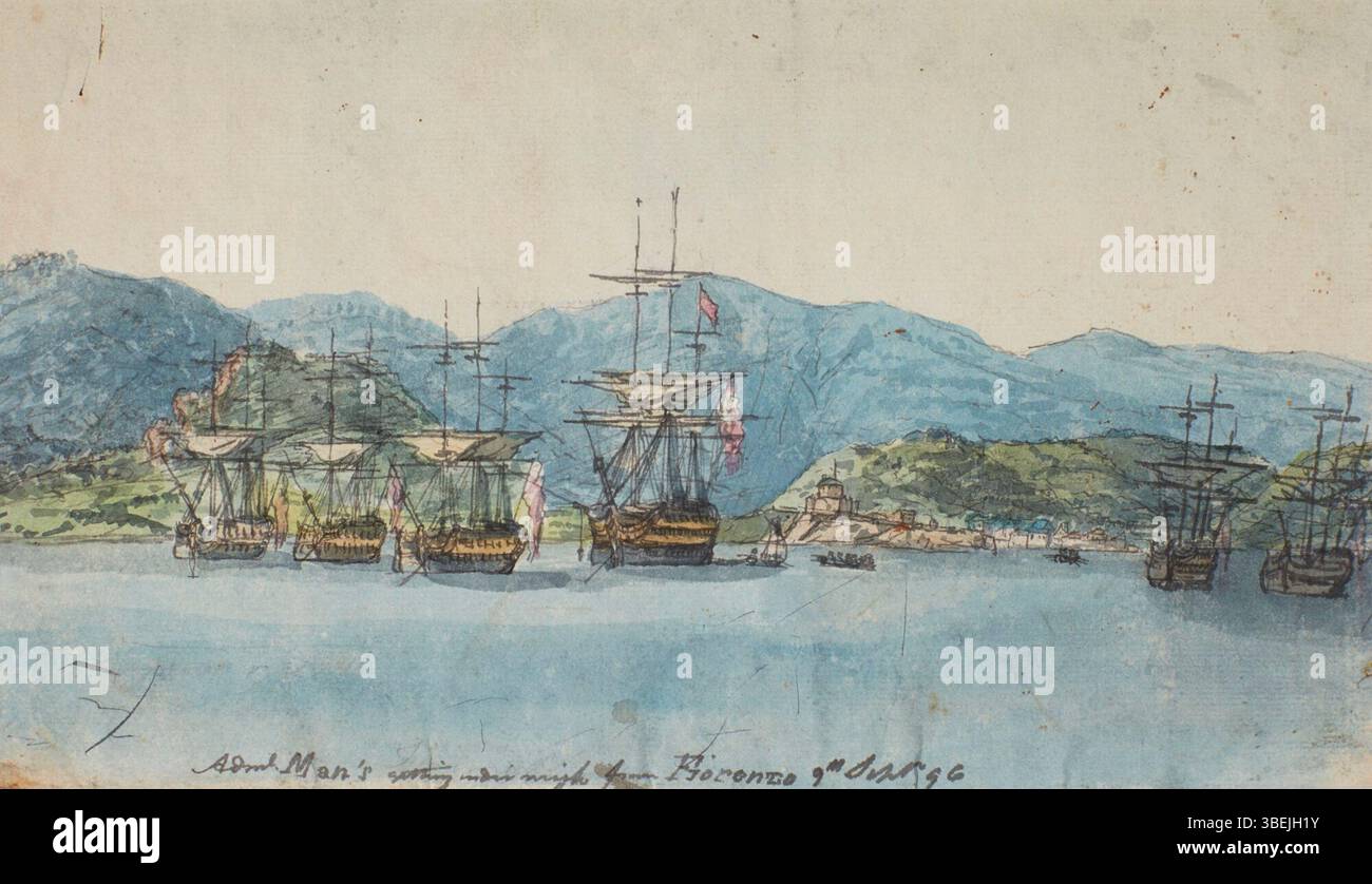 This scene by James Weir captures Admiral Mann's fleet off San Fiorenzo (modern-day Saint ...