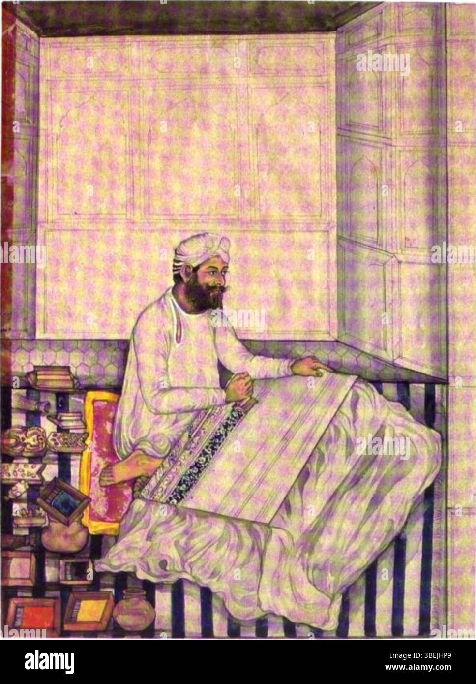 This painting from the mid-19th century depicts a block-printer working ...