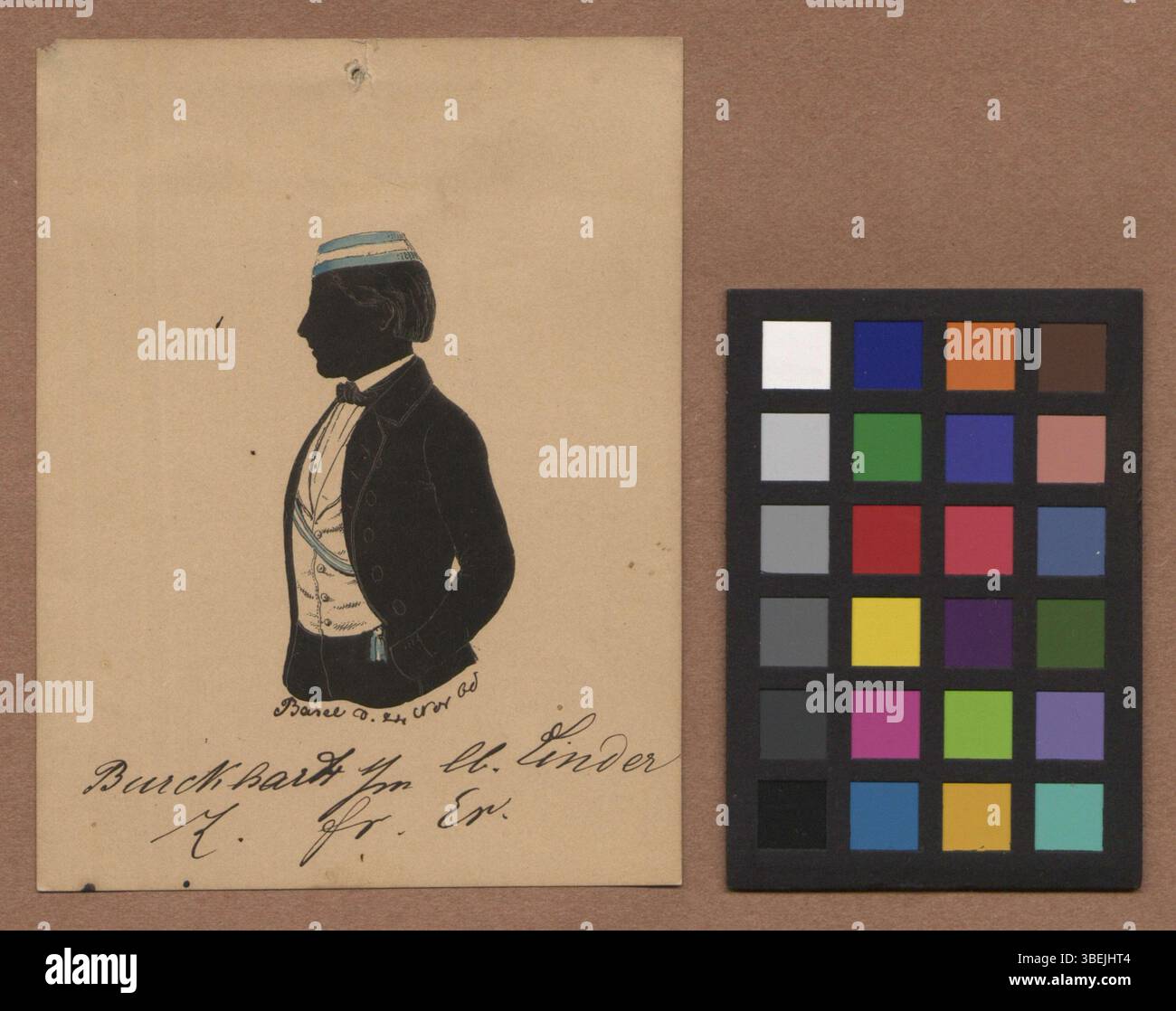 A circa 1860 silhouette of Albert Burckhardt-Merian, created with black and blue ink by an ...