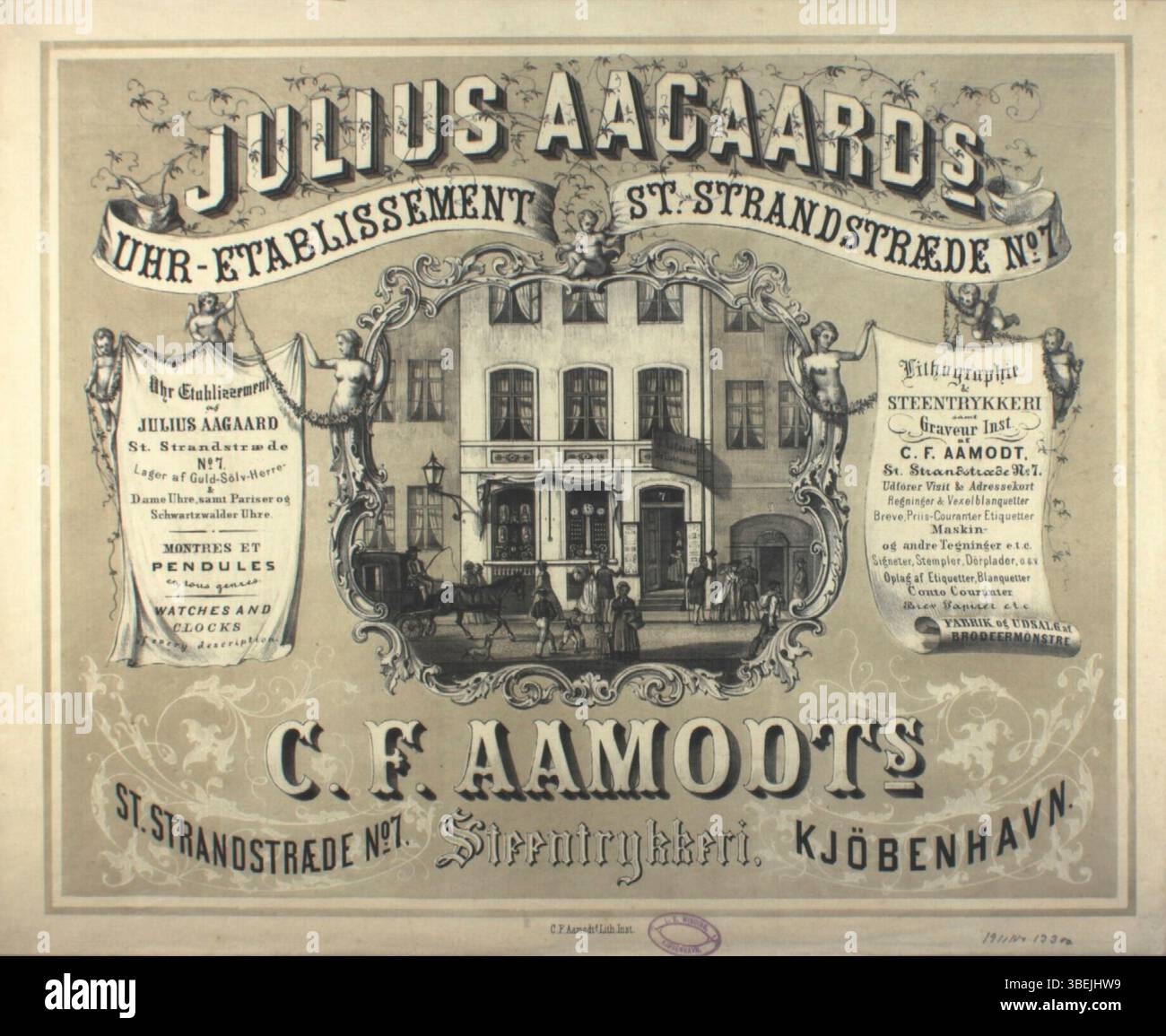 This lithograph by C.F. Åmodt depicts Store Strandstræde 7, a location ...