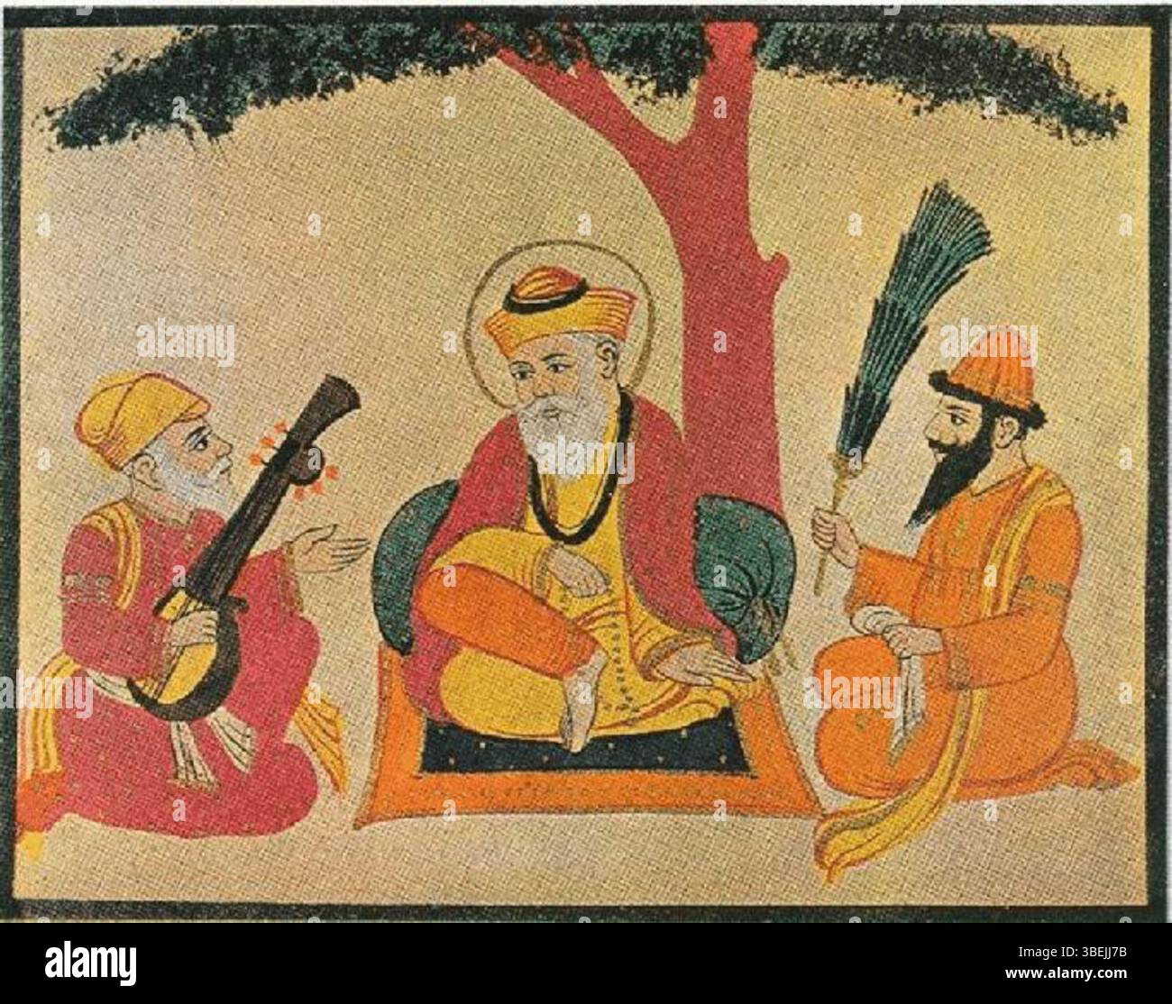 This 19th-century painting by Alam Chand shows Guru Nanak Dev with his ...