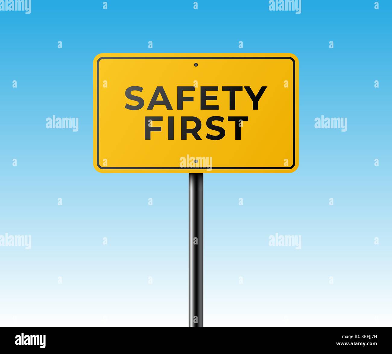 Bright safety first sign stands against a clear blue sky backdrop Stock ...