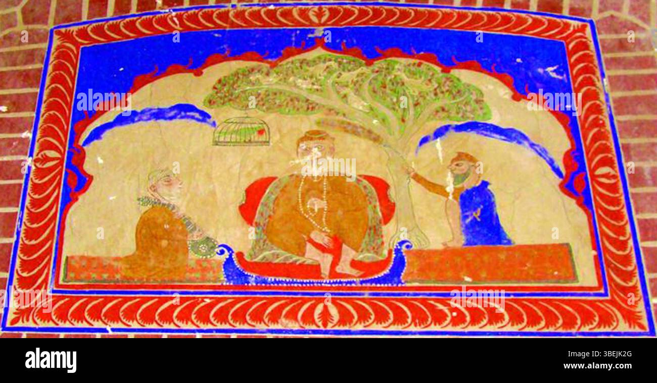 This fresco, photographed by Zulfiqar Ali Kalhoro, depicts 'Baba Guru Nanak with Bhai Bala and ...