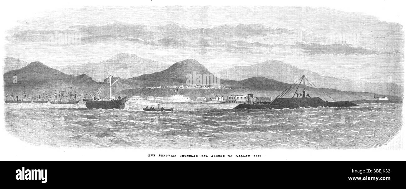 This sketch by A. W. Miller, depicting the Peruvian ironclad *Loa ...