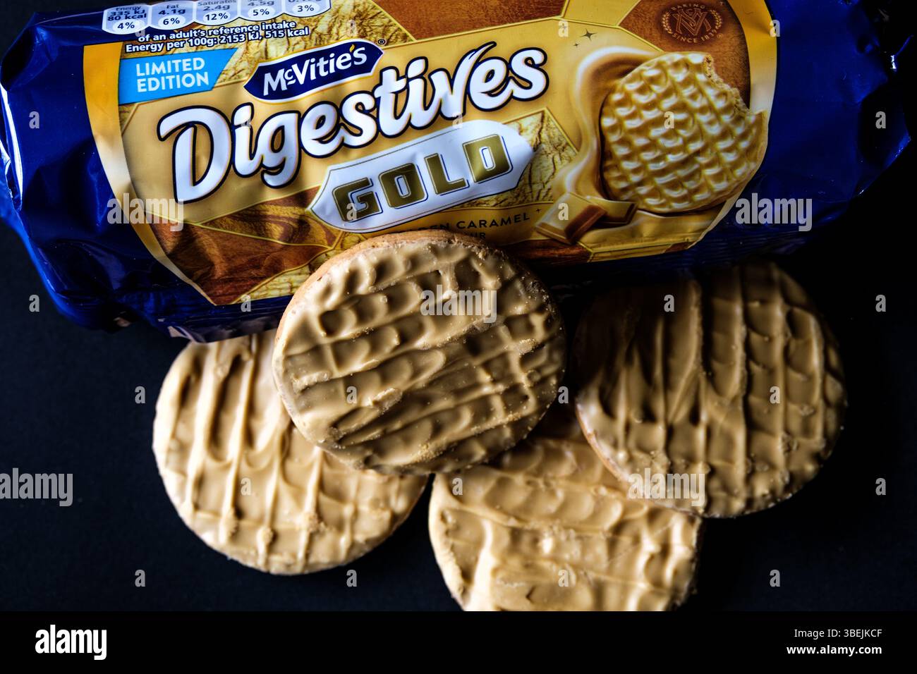 London UK, May 29 2025, A Pile or Group of Traditional Digestive Gold ...