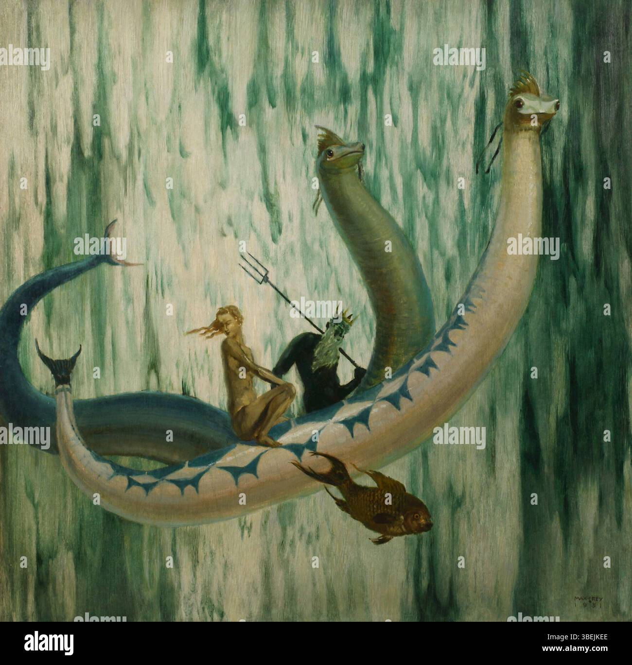 Oil painting titled "Poseidon and Daughter" by Max Frey, dated 1931, created on hardboard and ...