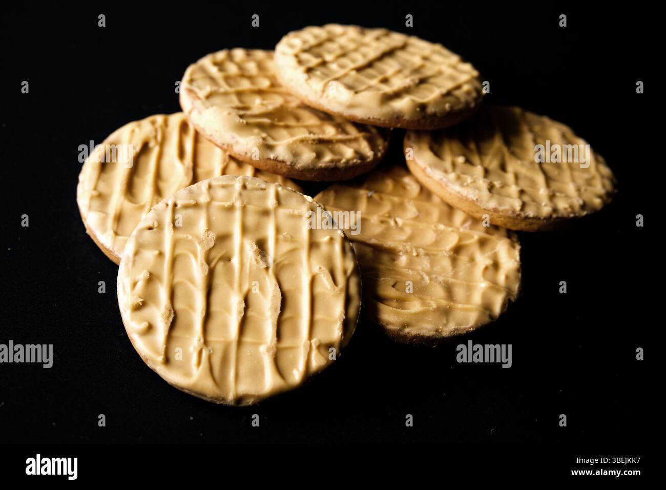 London UK, May 29 2025, A Pile or Group of Traditional Digestive Gold ...