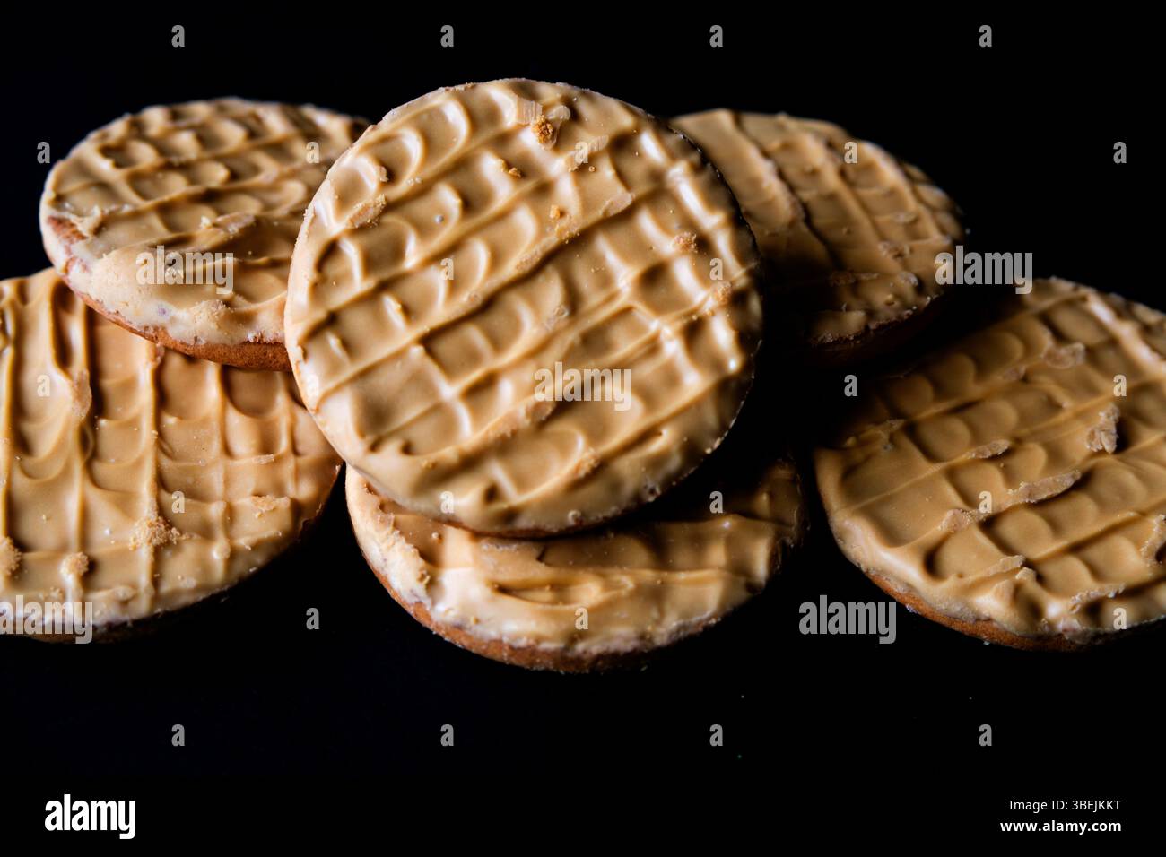 London UK, May 29 2025, A Pile or Group of Traditional Digestive Gold ...