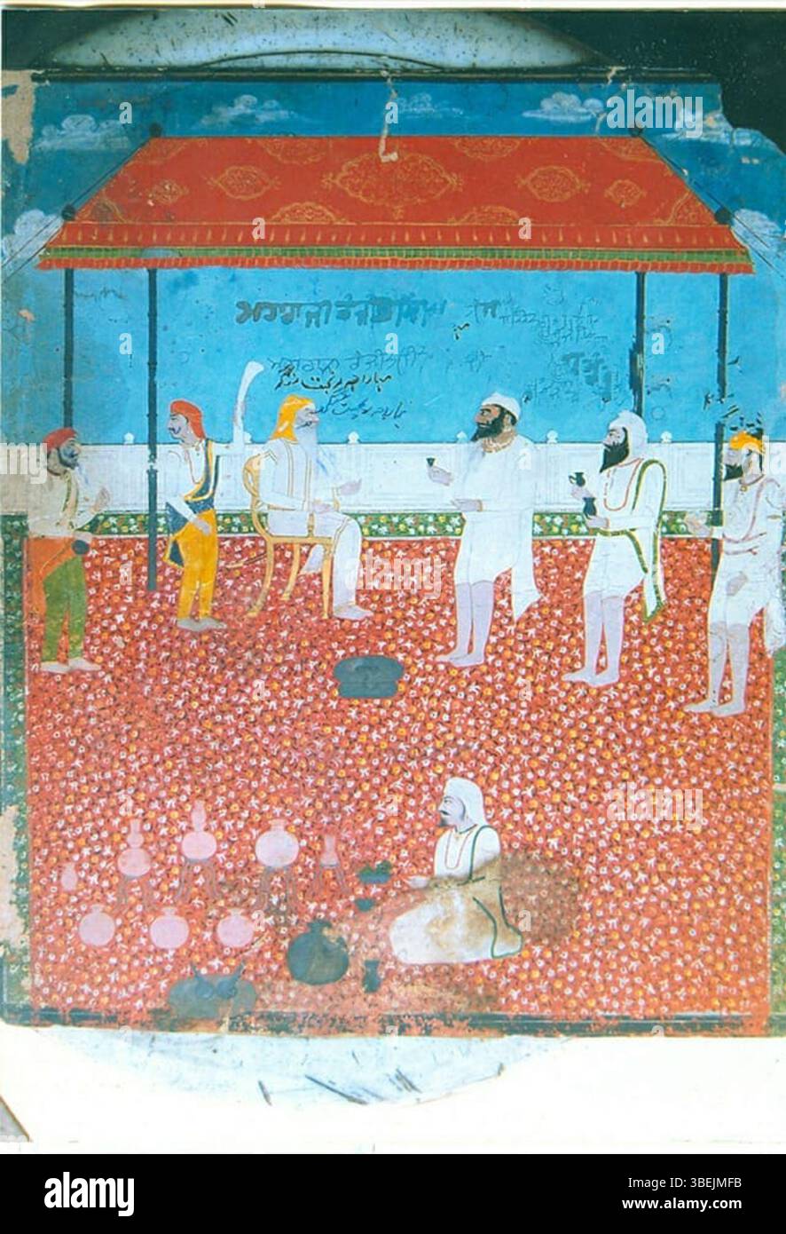 This painting from the 19th century depicts Maharaja Ranjit Singh seated under a red canopy ...