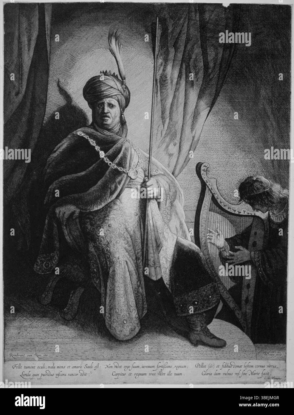 The engraving, titled 'David Playing the Harp before Saul,' was created ...