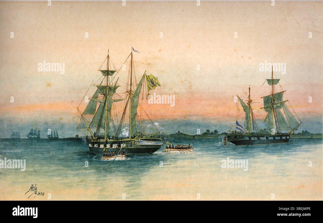 This watercolour illustrates the surrender of the Argentine brig 8 de ...
