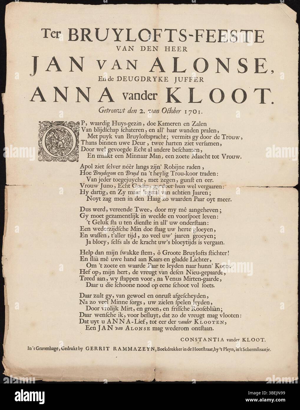 A poem celebrating the wedding of Jan van Alonse and Anna vander Kloot ...