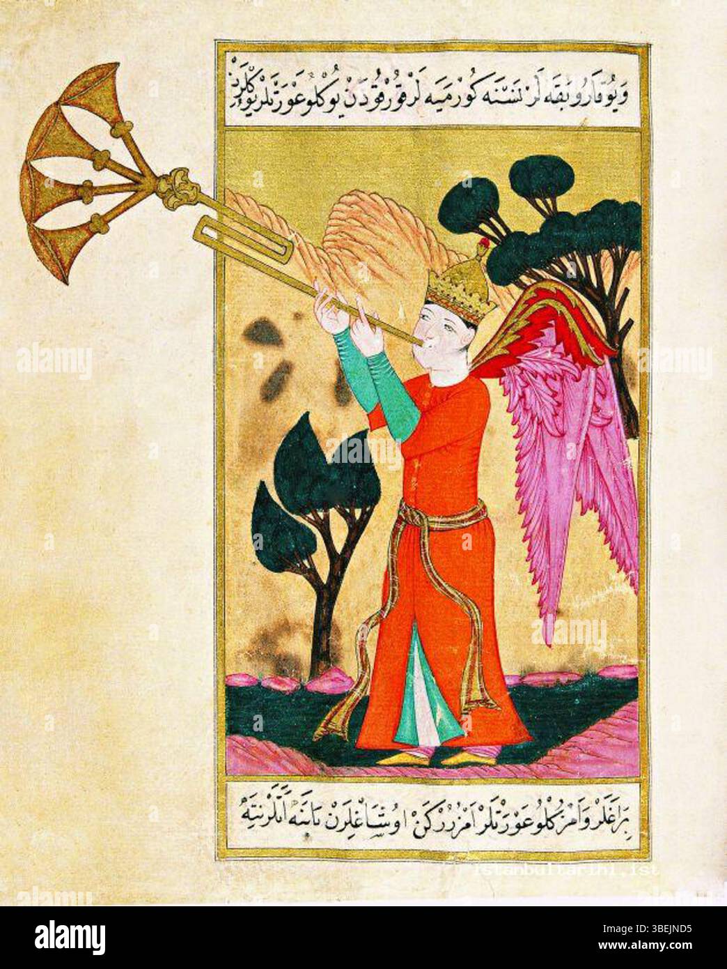 This 16th-century illustration depicts the angel Israfel blowing the ...