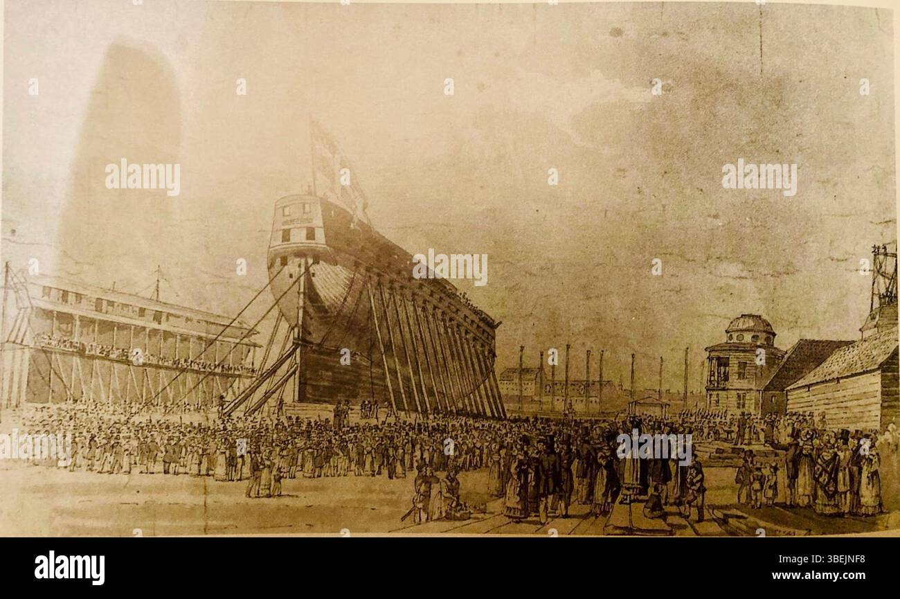 This artwork portrays the launching of the ship Frederik den Sjetttes ...