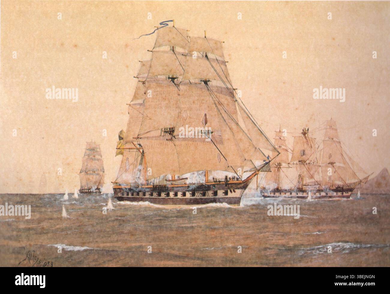 This watercolour captures the moment when the Argentine corvette 25 de ...