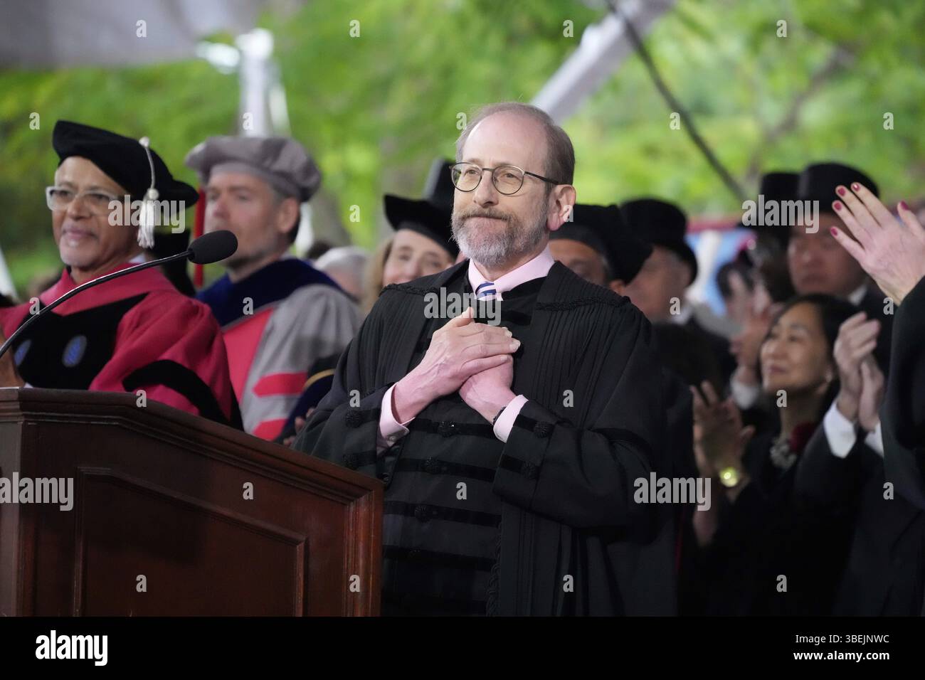 Harvard President Alan Garber acknowledges an extended round of applause during Harvard ...