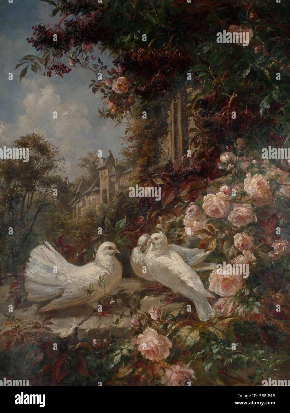 'Study of Doves and Roses' by Marie Oesterley (1842-1917) is an oil on ...