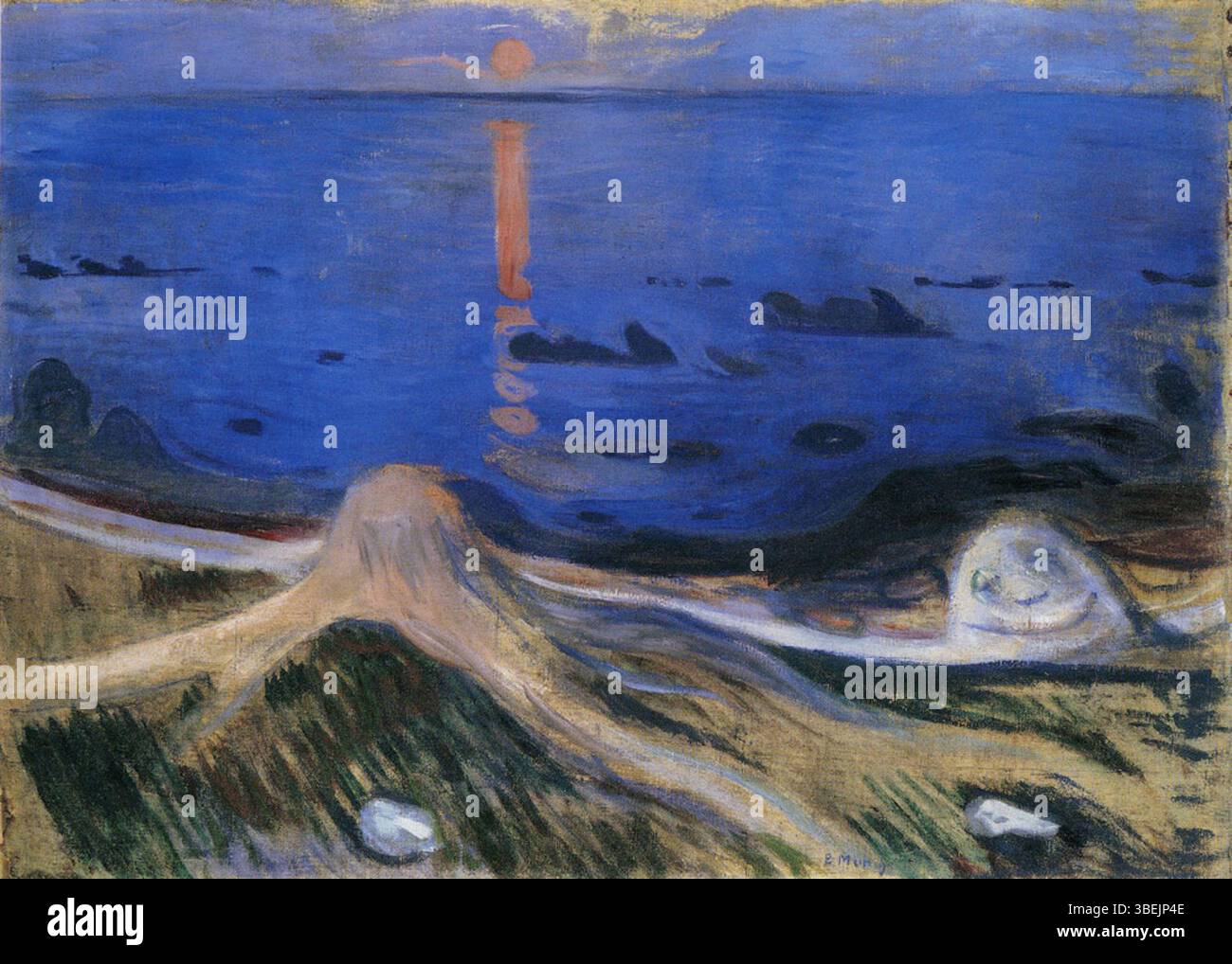 'Mystery on the Shore' by Edvard Munch, painted in 1892, presents a ...
