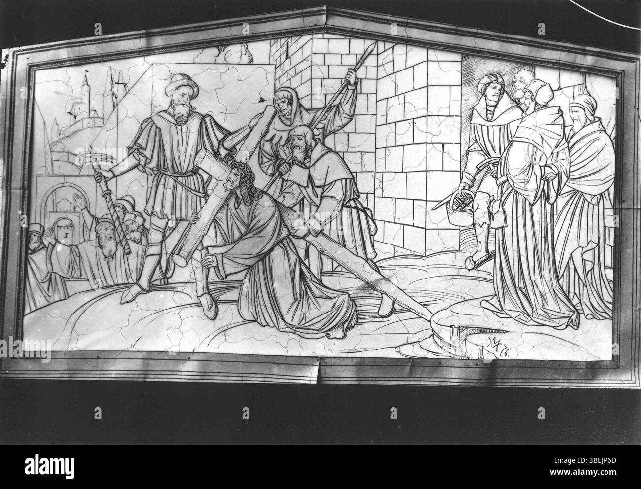 Circa 1900 photo by August Martin showing a design for Station 5 of the Cross, depicting Simon ...