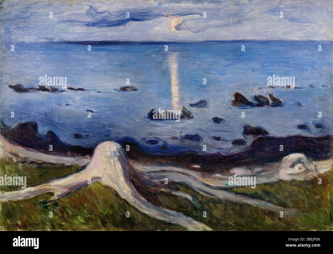 'Mystery on the Shore' by Edvard Munch, painted in 1892, depicts a ...