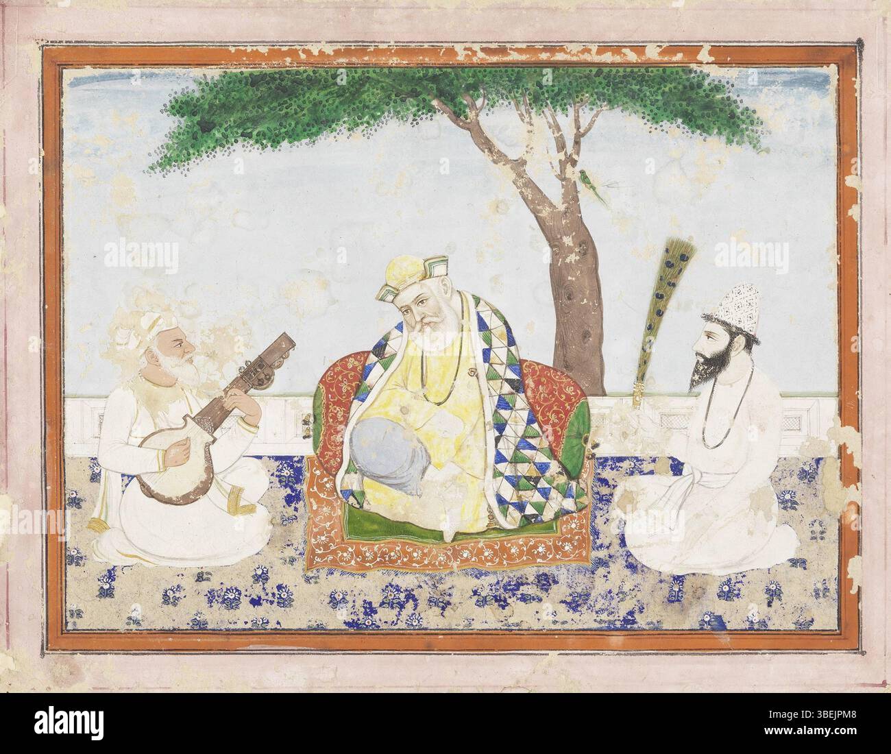 This mid-19th-century painting depicts Guru Nanak seated on a terrace with his attendants, Bala ...