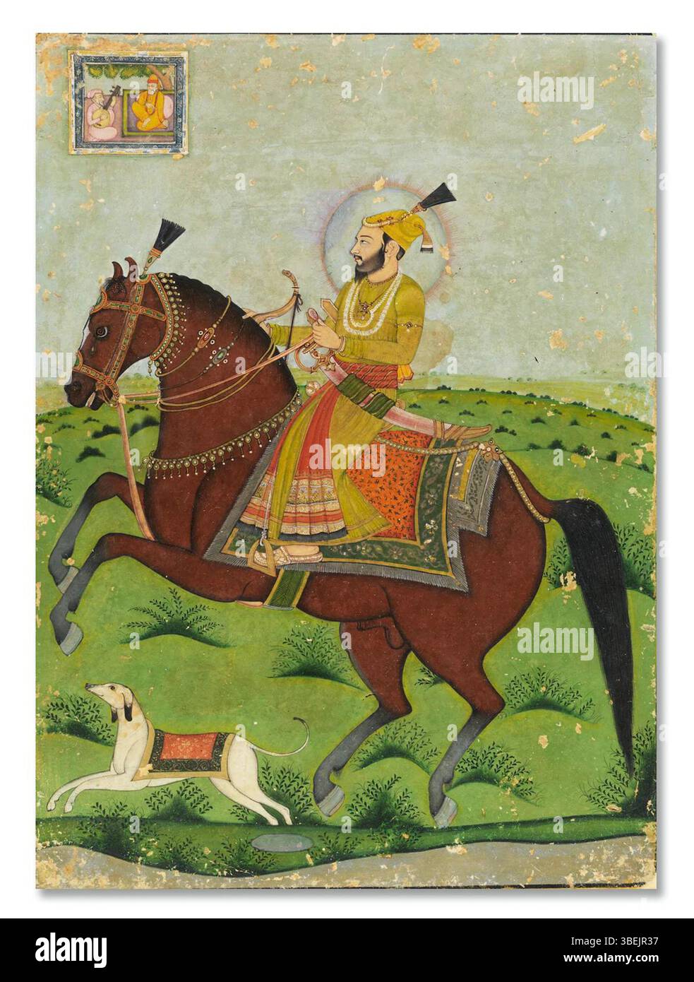 This 1830 painting portrays Guru Gobind Singh, the tenth Sikh Guru, on horseback in a landscape ...