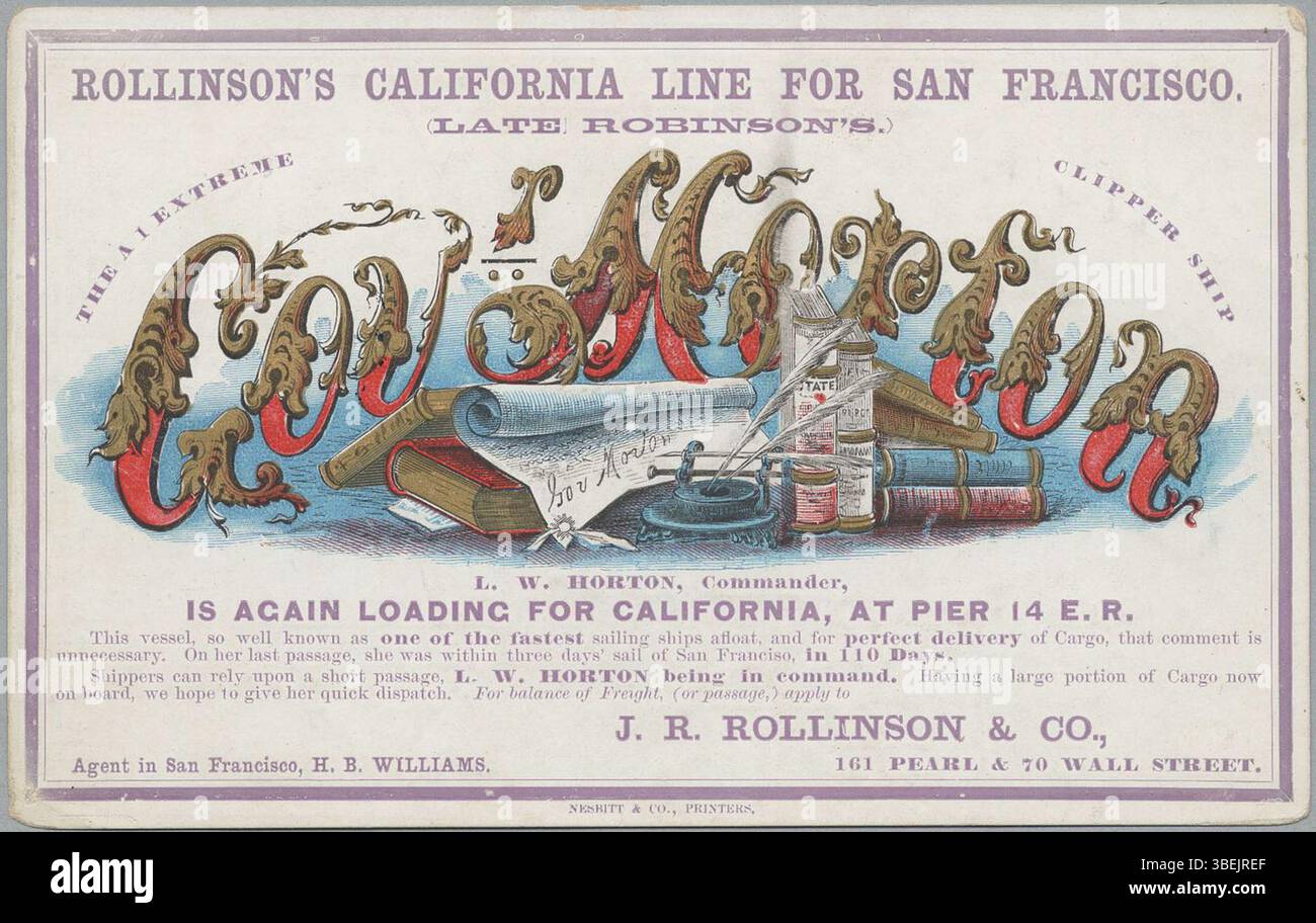Sailing card for the 19th-century clipper ship Governor Morton, printed ...