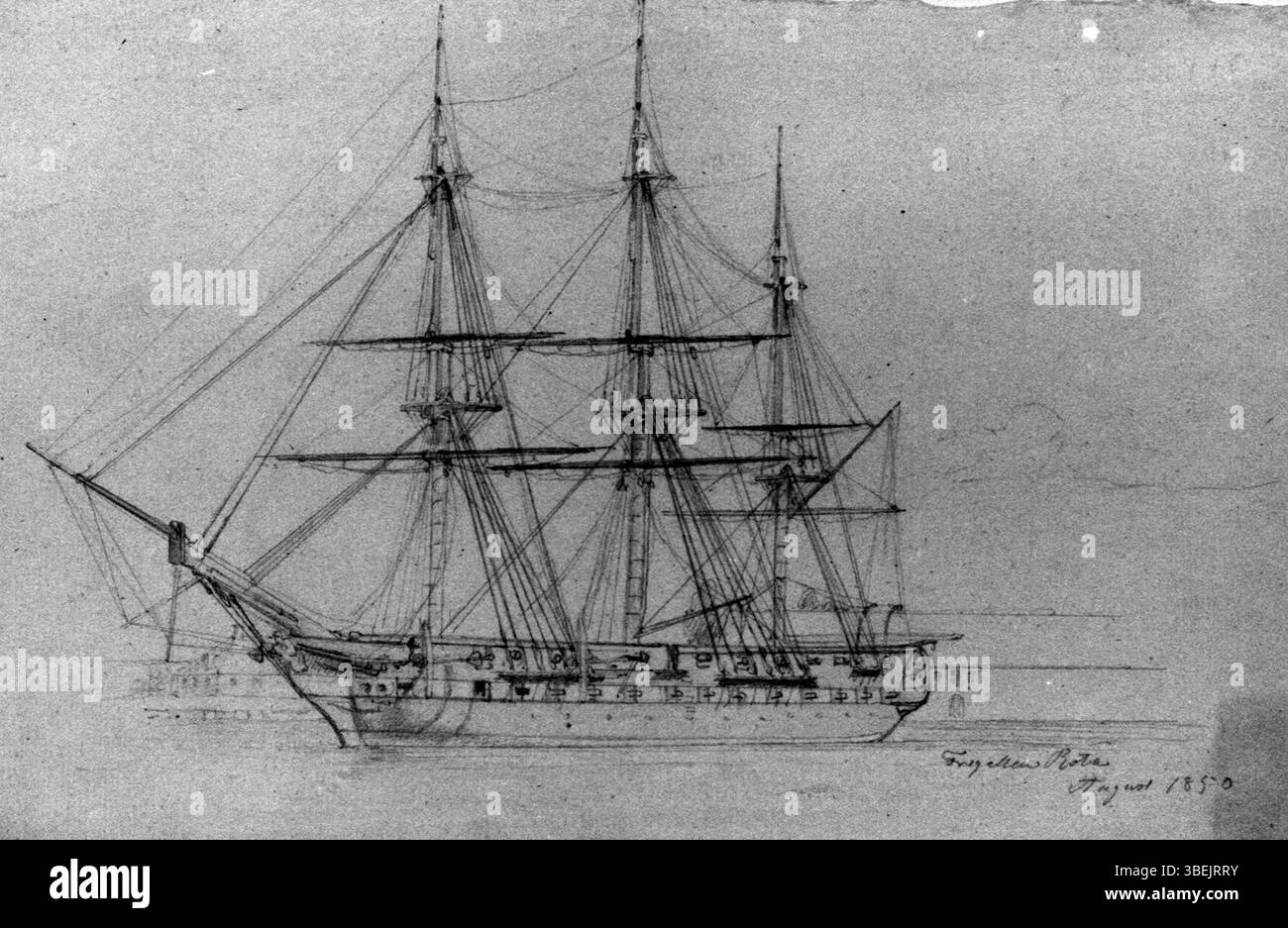 This 1850 pencil drawing shows the frigate Rota, launched in 1822, in ...