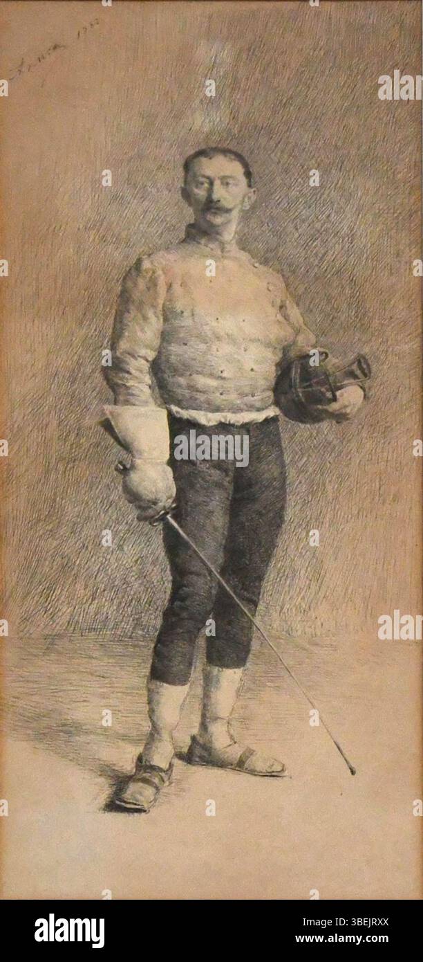 1882 pen drawing by Adrien de Witte titled 'Monsieur Pavart in Fencing ...