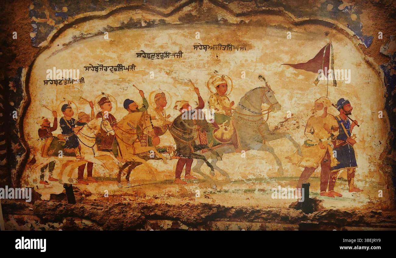 This 19th-century mural from Gurdwara Baba Atal Rai depicts the four Sahibzadas (sons of Guru ...