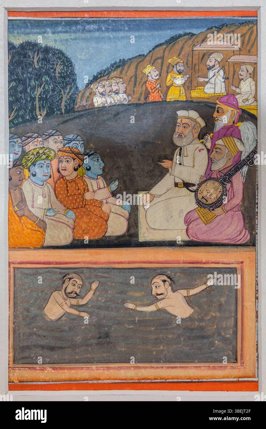 This painting from the 1830s depicts Guru Nanak in a discussion with ...