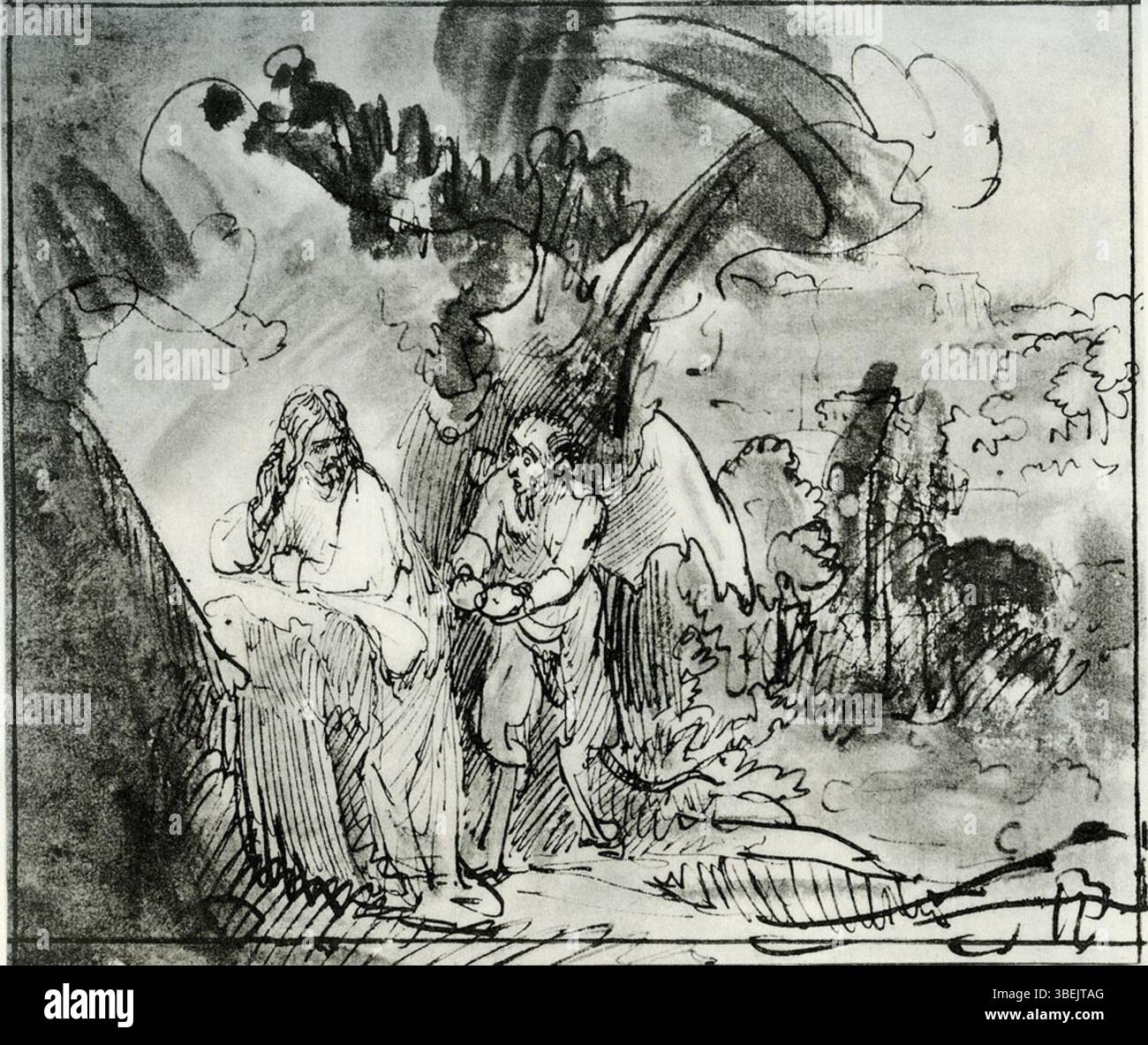 A 1640–1642 sketch by Rembrandt van Rijn showing Satan tempting Jesus ...