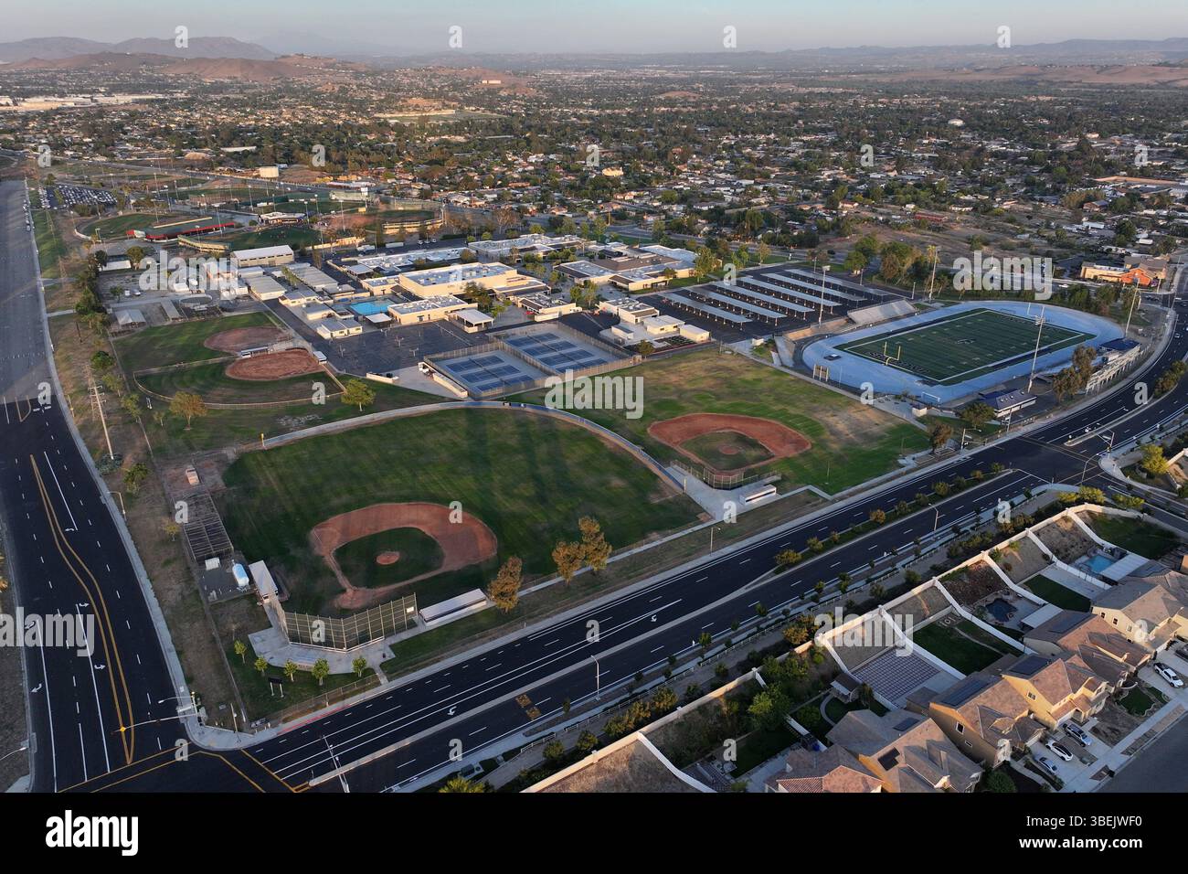 A general overall aerial view of the baseball and football fields and ...