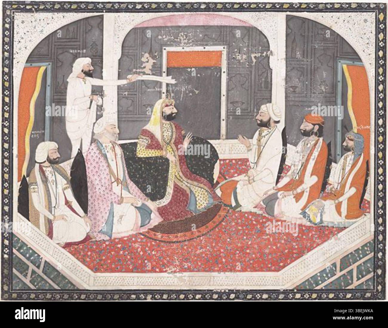 This painting from 1841-1843 depicts Maharaja Sher Singh seated with courtiers. It portrays key ...