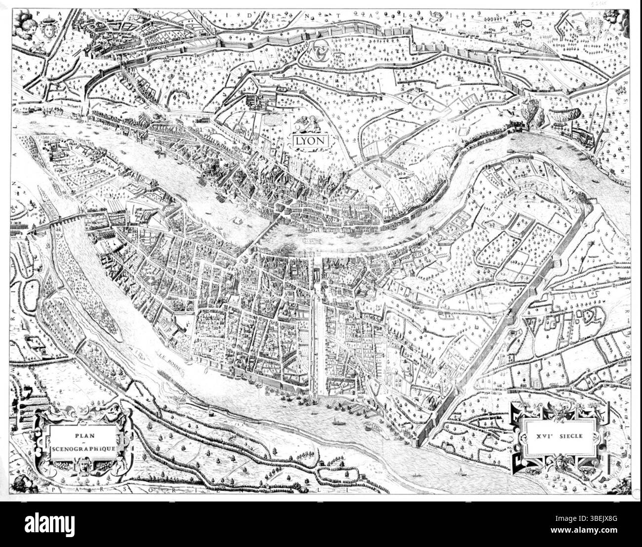 A facsimile of the 1550 scenographic plan of Lyon, based on Menestrier ...