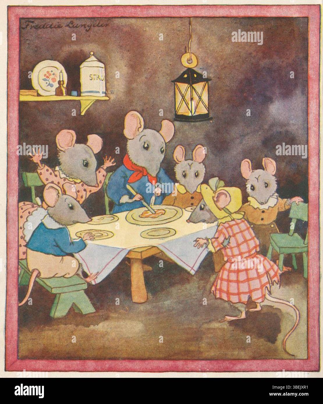 Freddie Langeler’s illustration, 'Muizenfamilie aan tafel,' portrays a ...