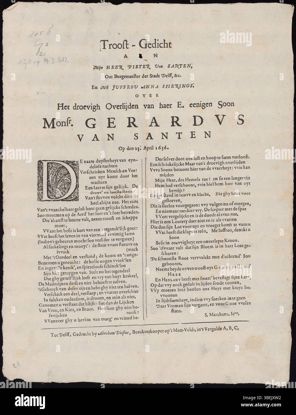 A 1656 mourning poem for Gerardus van Santen, the only son of Pieter ...