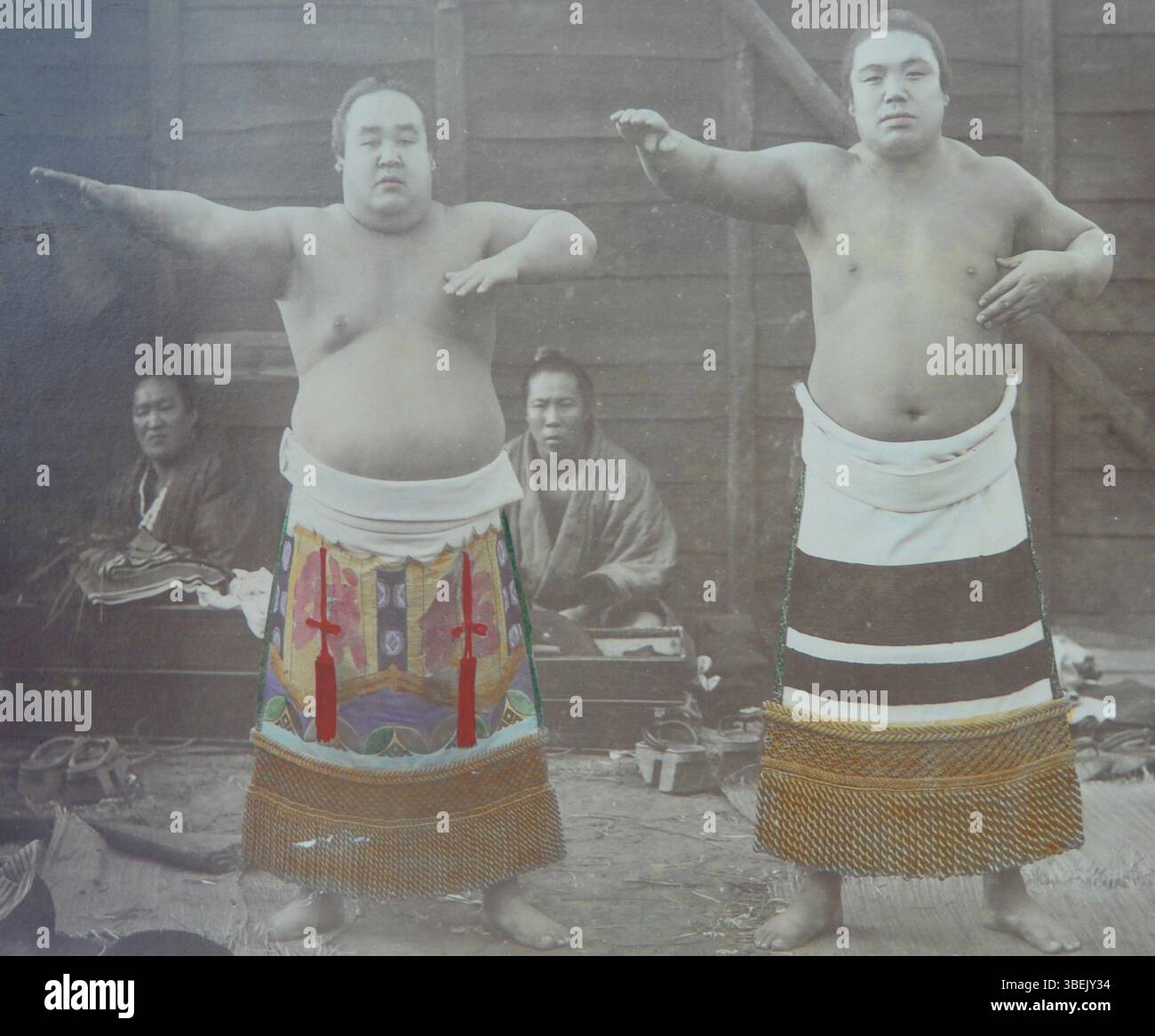 Adolfo Farsari's painted photograph, taken before 1886, depicts sumo ...