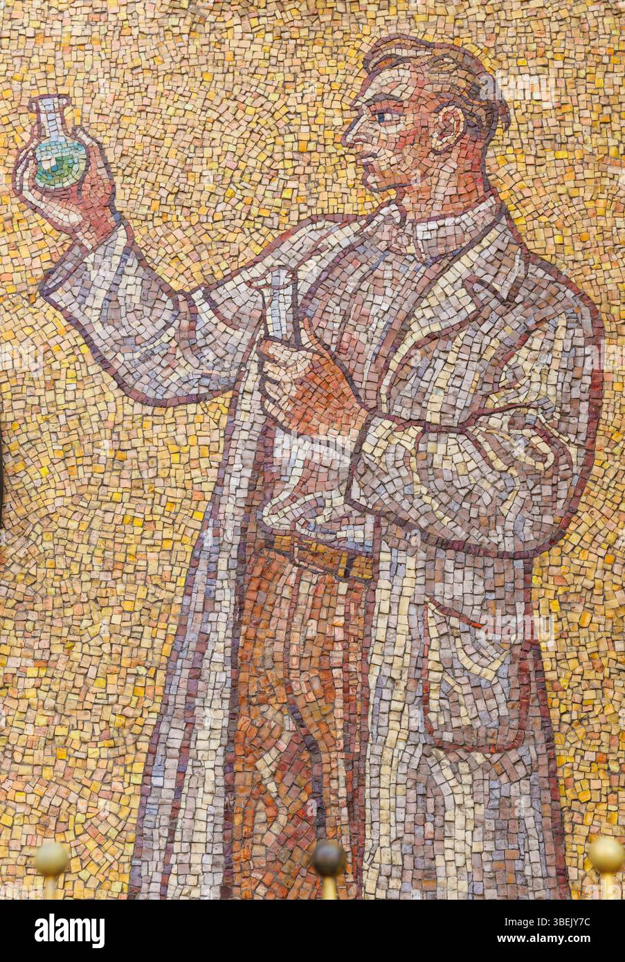 Mosaic figure chemist holding a flask and measuring cylinder part of ...