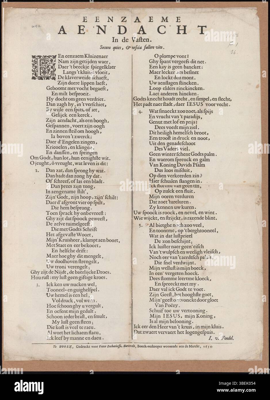 Printed in 1654, this devotional poem titled 'Eenzaeme aendacht in de ...