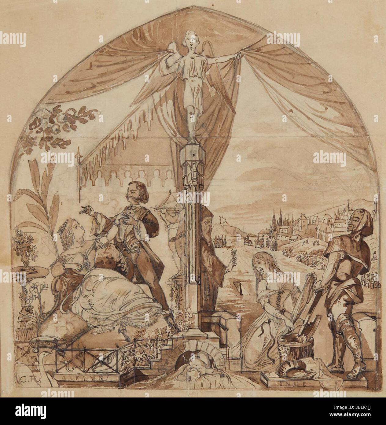 This 19th-century drawing by CR shows a love scene on the left and a ...