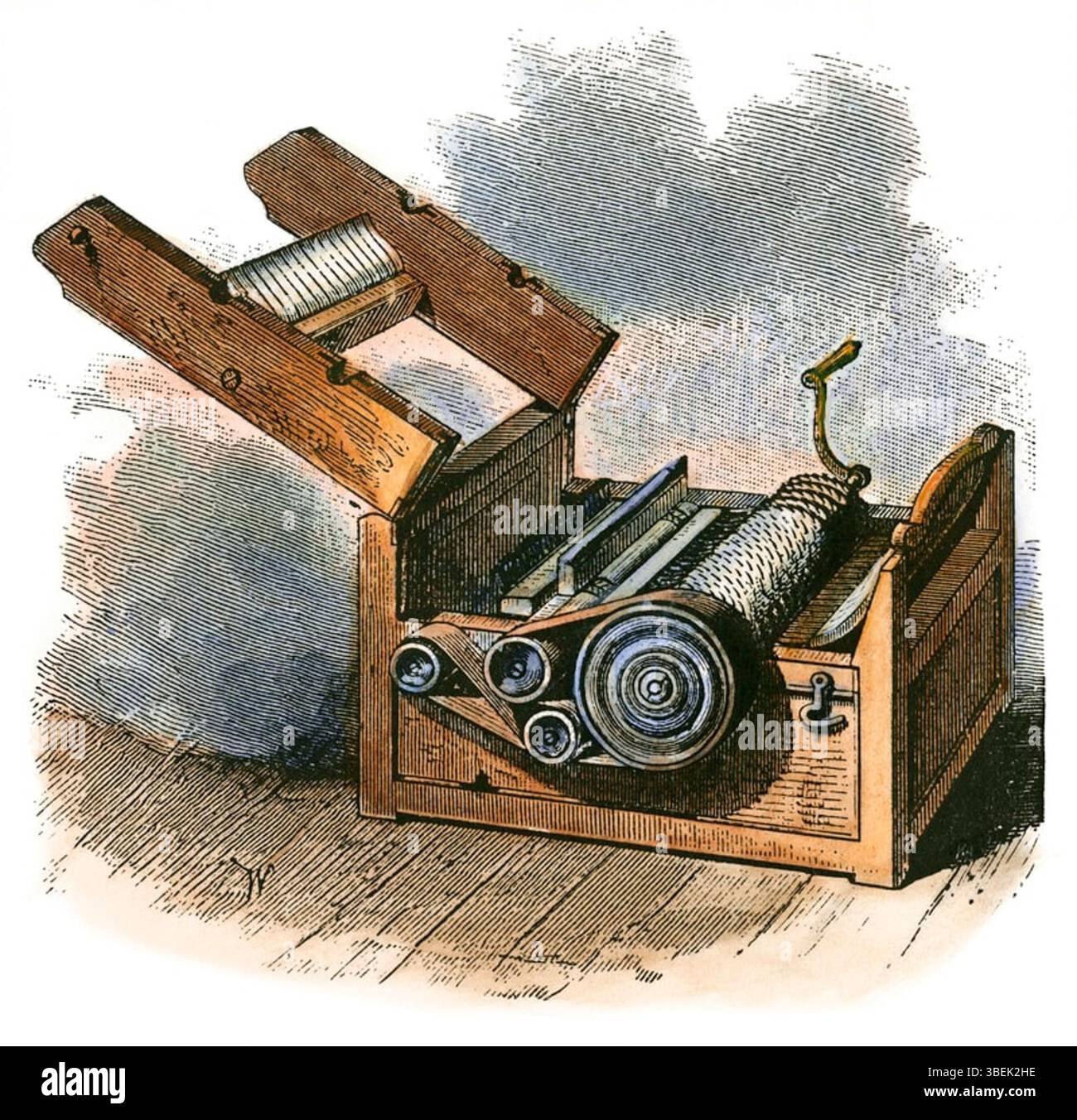 This wood engraving from the 19th century illustrates Eli Whitney's ...