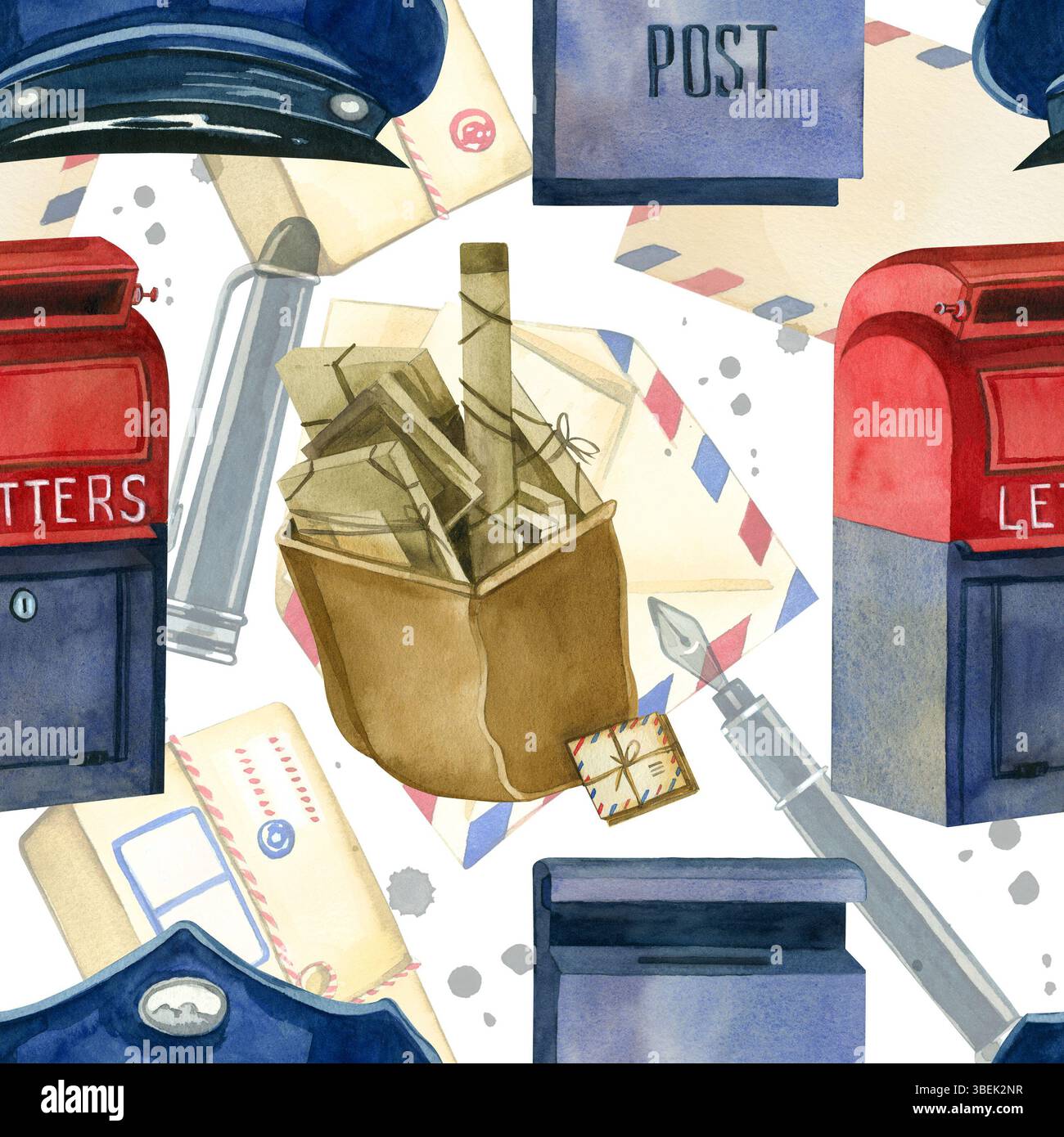 Mailbox red with blue, postman cap, bag for parcels and letters ...