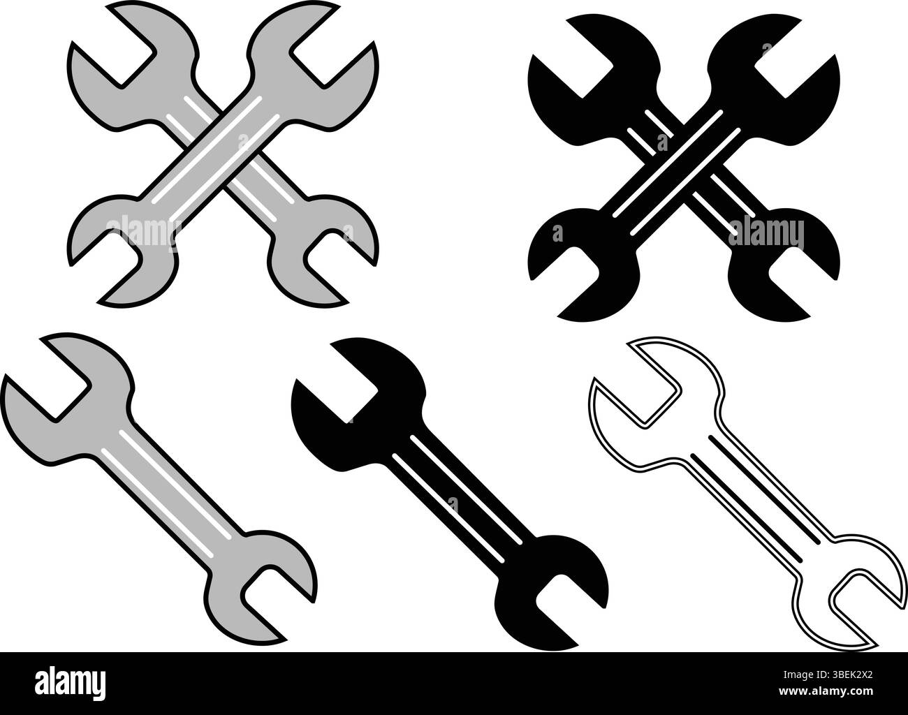 Crossed and Single Wrench Icons in Various Styles Black, Gray, and ...