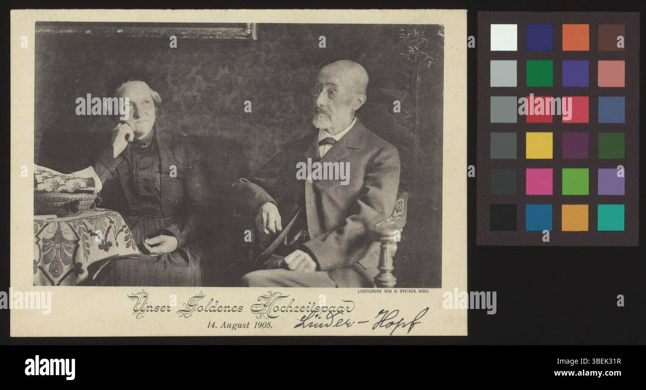 A black-and-white reproduction of a photograph of Johann Jakob Linder with his wife, circa 1905 ...