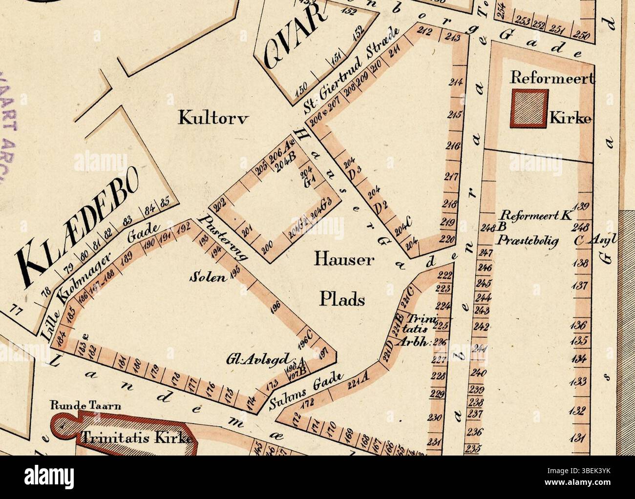 A 1841 cadastral map detail of Hauser Plads in Copenhagen, showing the ...