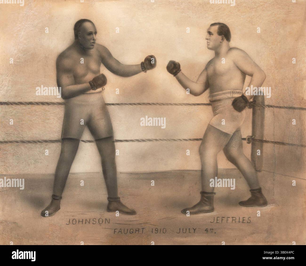 This artwork illustrates the Johnson-Jeffries Prize Fight held on July ...